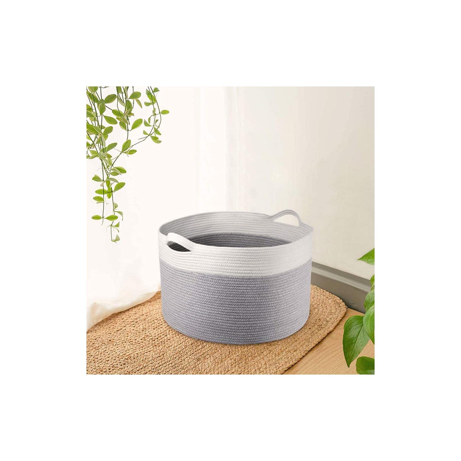Actume XXXL Cotton Rope Basket 21" X 21" X 14" Decorative Woven Basket, Laundry Baskets for Blanket Toys Towels Nursery Hamper Bin with Handle, Grey White