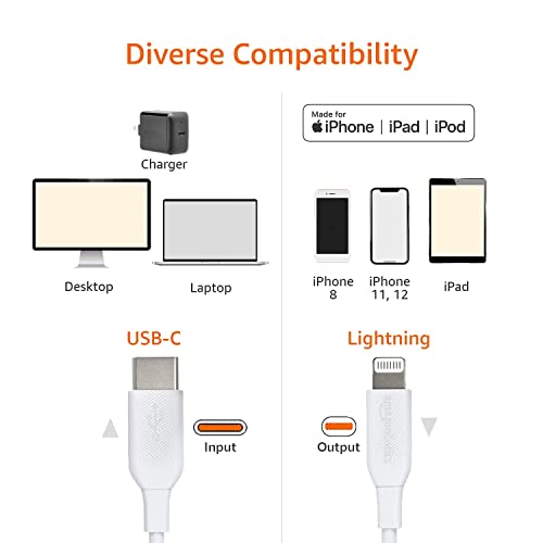 Amazon Basics USB-C to Lightning ABS Charger Cable, MFi Certified Charger for Apple iPhone 14 13 12 11 X Xs Pro, Pro Max, Plus, iPad, 6 Foot, White