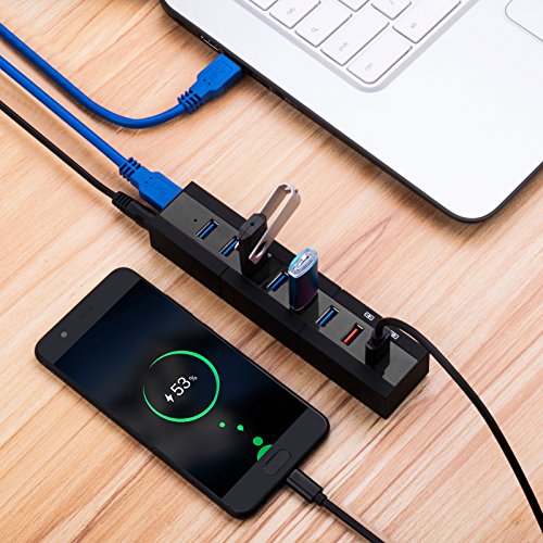 8-Port USB Hub, TOPESEL 36W 6 High Speed USB3.0 Data Transfer Ports, 1 BC1.2 and 1 Smart Charging Ports USB Hub USB Splitter with Power Adapter for PC, USB Flash Drives, Mouse and More (Black)