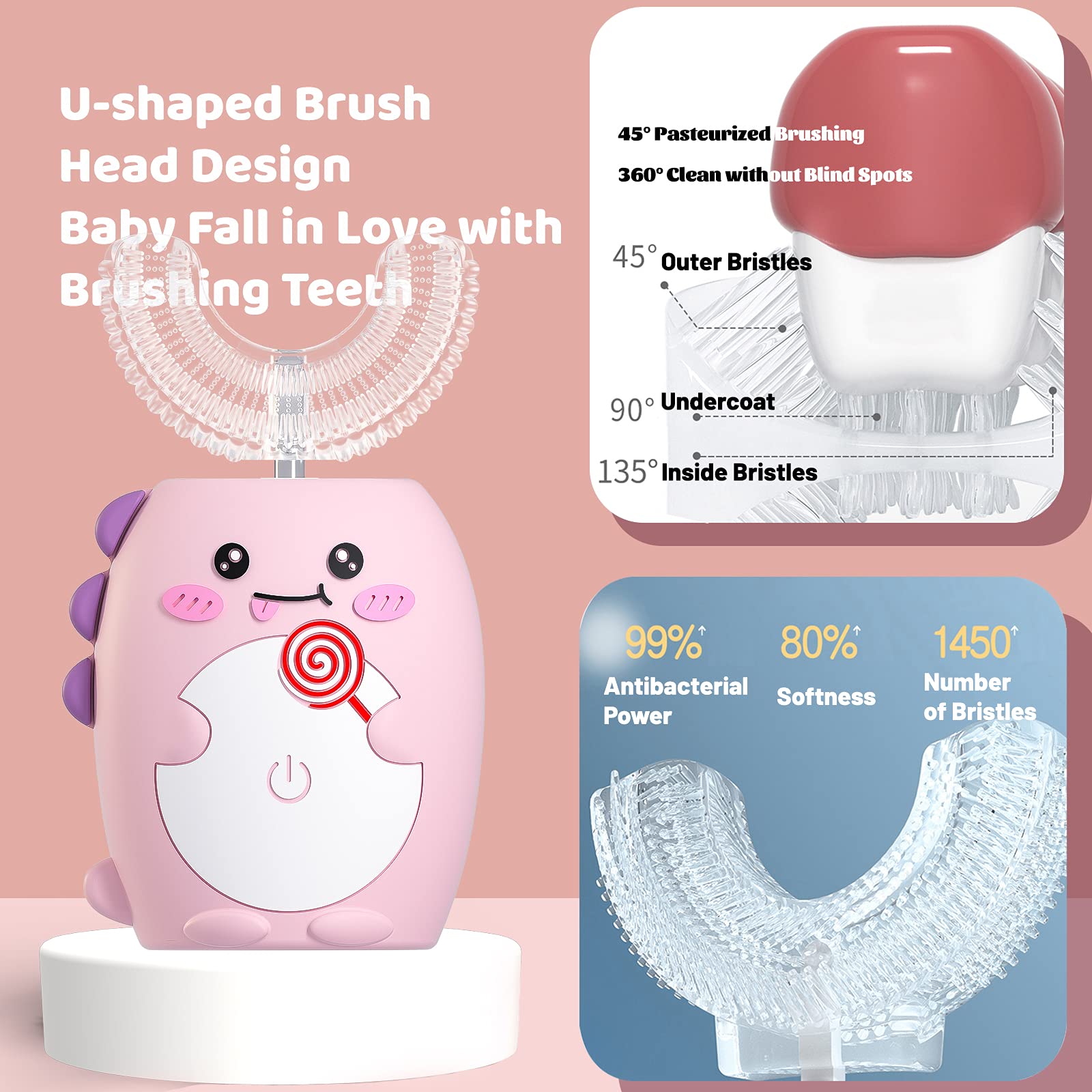 TUTULOO Electric Toothbrush for Kids 2-8 Years, IPX7 Waterproof, Easy to Clean U-Shaped Silicone Brush Head, Tooth Brush with 3 Modes for Girls(Pink)