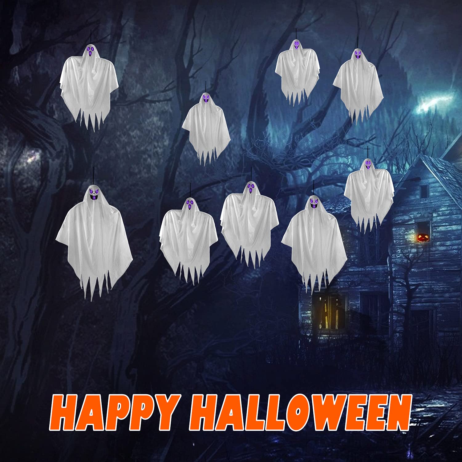 27.5” Halloween Hanging Ghosts Glow in The Dark for Halloween Party Decoration (3 Pack), Cute Flying Ghosts for Front Yard Patio Garden Tree Lawn Party Halloween Holiday Hanging Decorations