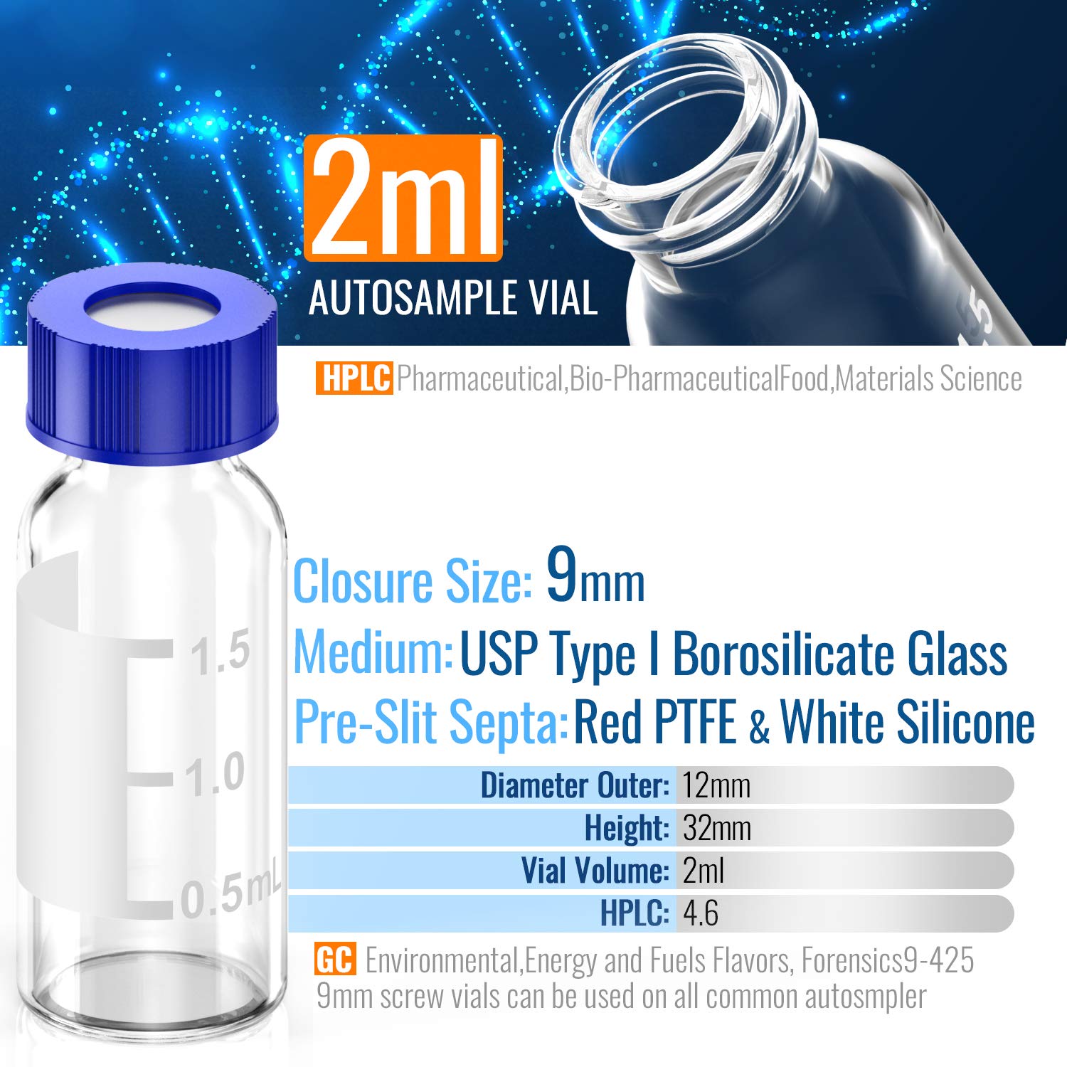 Autosampler Vials, 100 Pcs Sample Vials 2ml HPLC Vials 9-425 Vial Clear Glass Bottles with Write-on Spot and Graduations and 100 Pcs 9mm Blue ABS Screw Caps by Ks-Tek