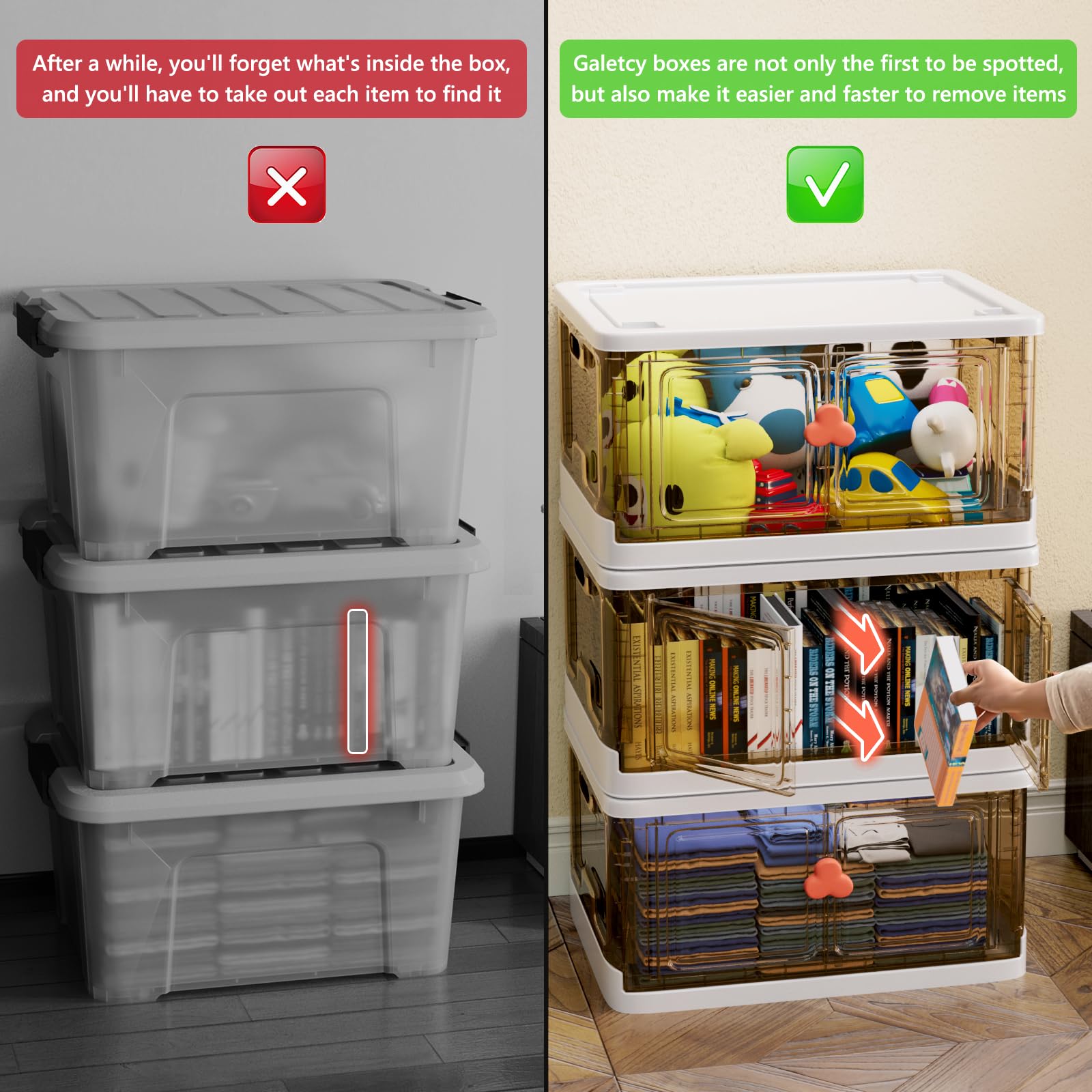27Gal Storage Bins with Lids-4Pack Convenient Front Door Access, Wheels, Clear Design, Collapsible, Stackable, and Durable Plastic - Ideal for Closet,Organizing Toys, Dorms, Cars, and Bedrooms…