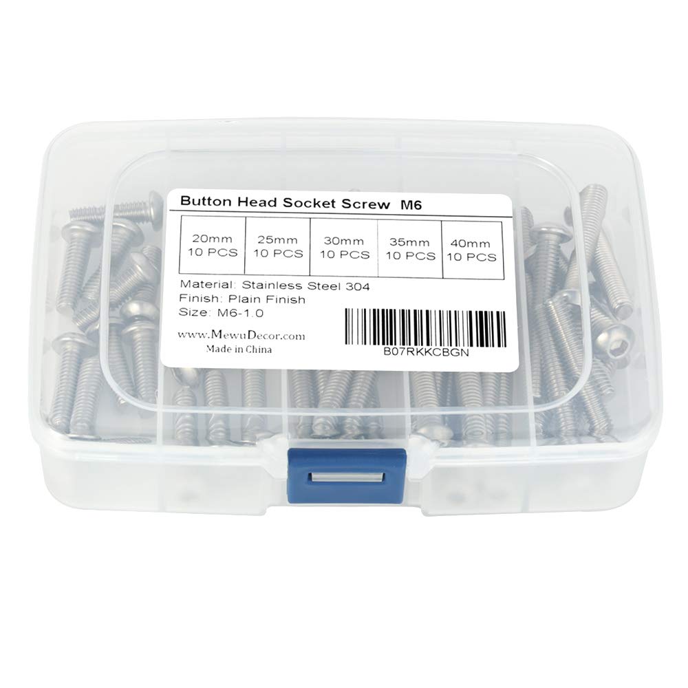 50 PCS Button Head Socket Cap Screws, M6 x 20mm, 25mm, 30mm, 35mm, 40mm, 304 Stainless Steel 18-8, Bright Finish, Fully Threaded