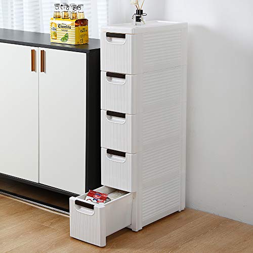 7.48in Slim Rolling Drawer on Wheels Narrow Storage Cabinet Cart with 5 Drawers, Thin Standing Shelf Units 5-tier Plastic Rolling Drawer for Bathroom, Bedroom, Living Room