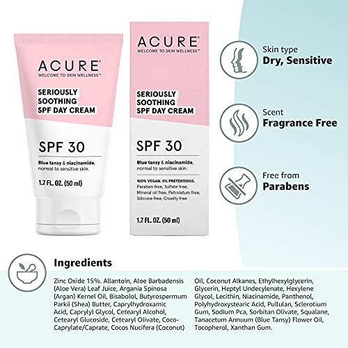 Acure Seriously Soothing SPF 30 Day Cream | 100% Vegan | For Dry to Sensitive Skin | Blue tansy & Niacinamide - Soothes & Provides Sunscreen | 1.7 Fl Oz