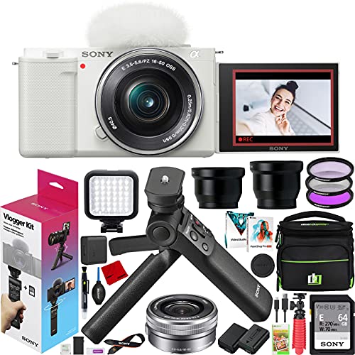 Sony ZV-E10 Mirrorless Camera Vlogger Kit with 16-50mm F3.5-5.6 Lens ILCZV-E10L/W White Bundle with ACCVC1 Including GP-VPT2BT Grip + Filters + Wide & Telephoto Lenses + Deco Gear Case & Accessories