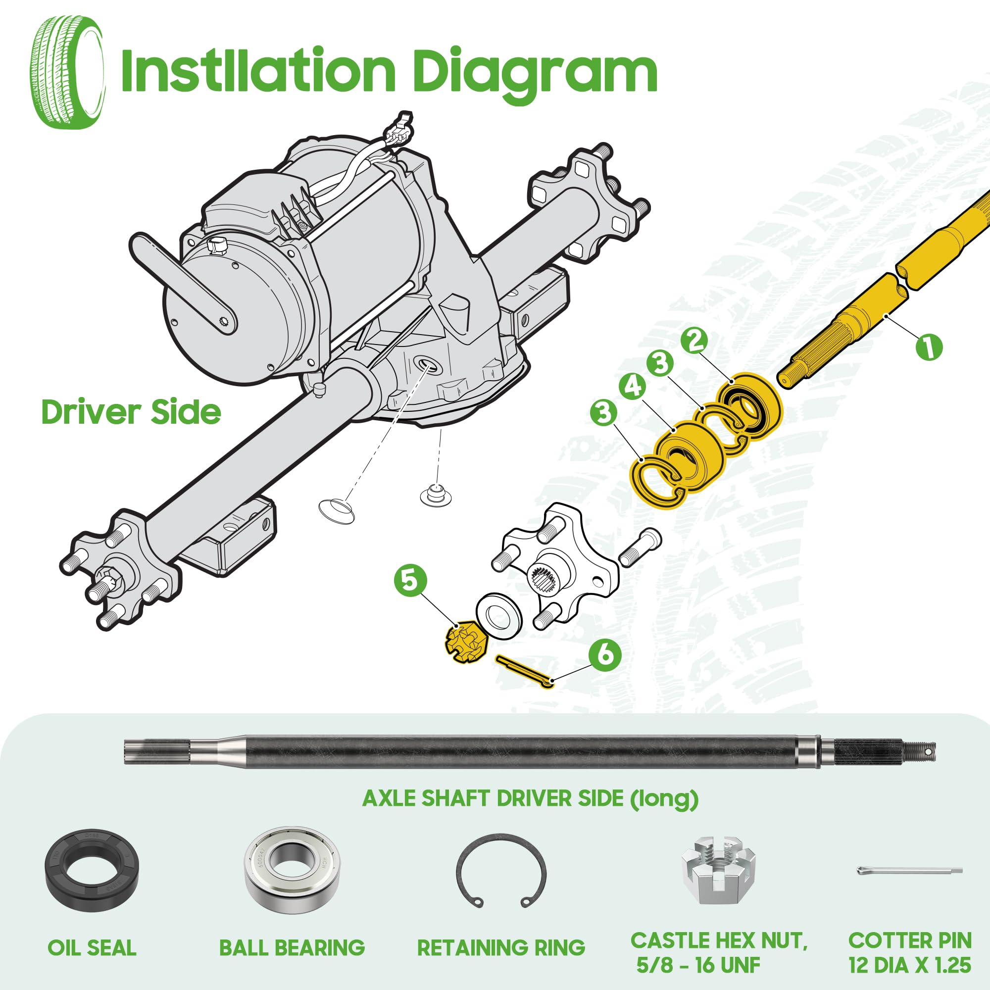 10L0L Golf Cart Driver Side Rear Spline Axle Shaft Fits EZGO RXV Electric 2008 UP, 24.5" Long,Replaces OEM 620337, 614208