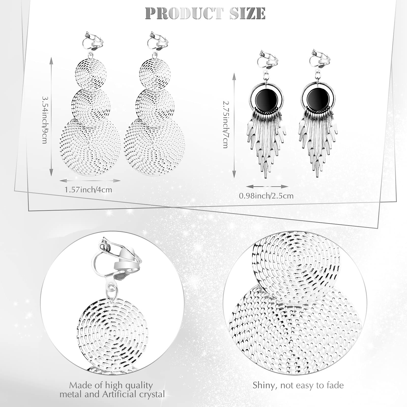12 Pairs Clip on Drop Dangle Earrings Set Bohemian Tassel Pendant Clip Earrings Plated Ear Clips Non-Piercing Pendant Earrings for Women (Silver)