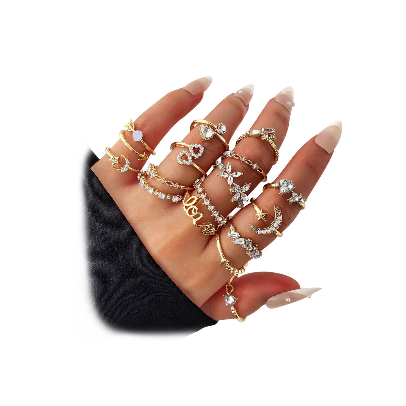 16 Pcs Gold Boho Sparkle Knuckle Rings Set For Women, Vintage Fashion Aesthetic Trendy Joint Love Ring Pack, Retro Rhinestone Assorted Moon Star Crystal Flower Leaf Diamond Jewelry