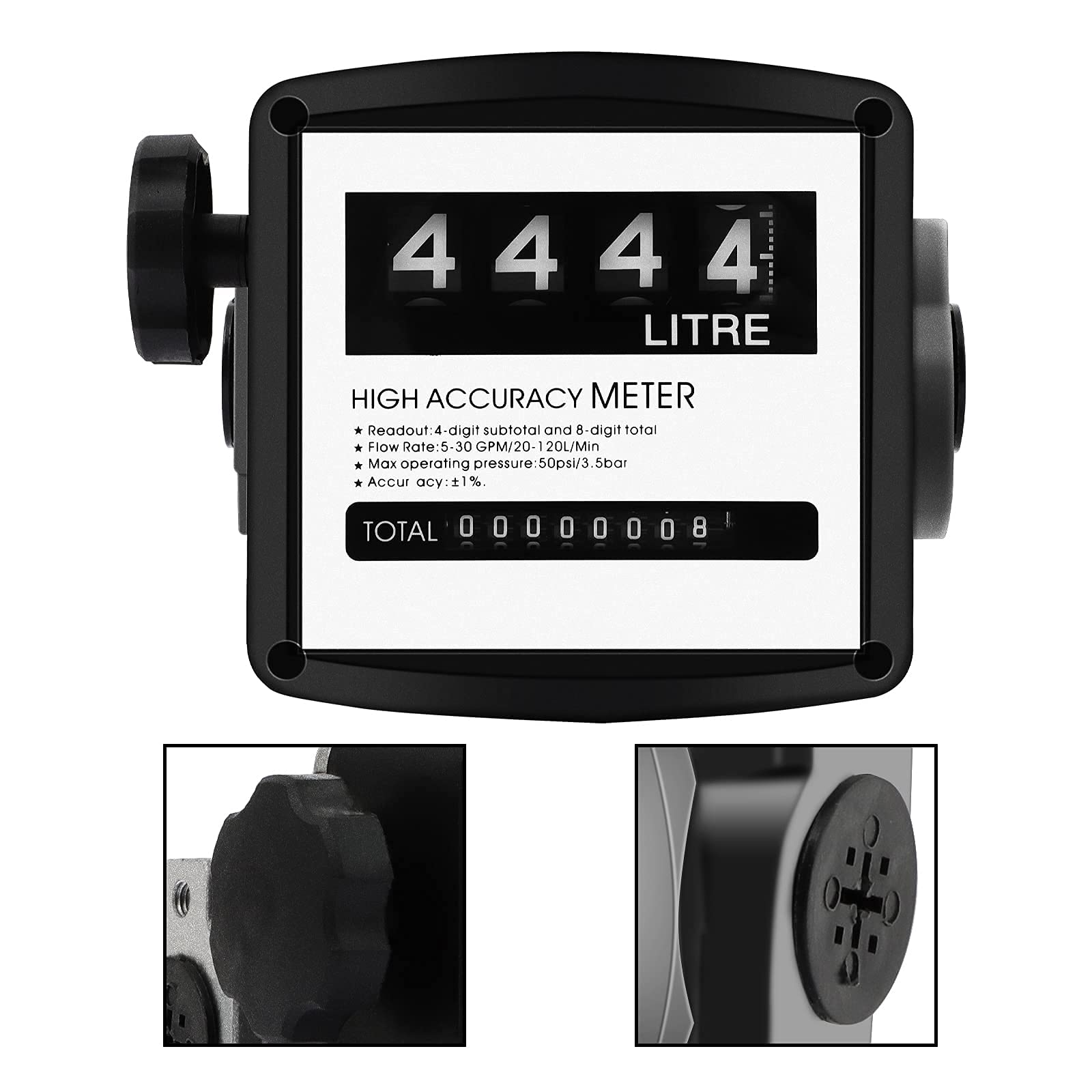 Fuel Flow Meter 1 Inch Gauge 3 Digital for Diesel Tank Transfer Pump Counter ±1% High Accuracy 32 GPM 142 PSI Gas Oil Flowmeters 20-120 LPM