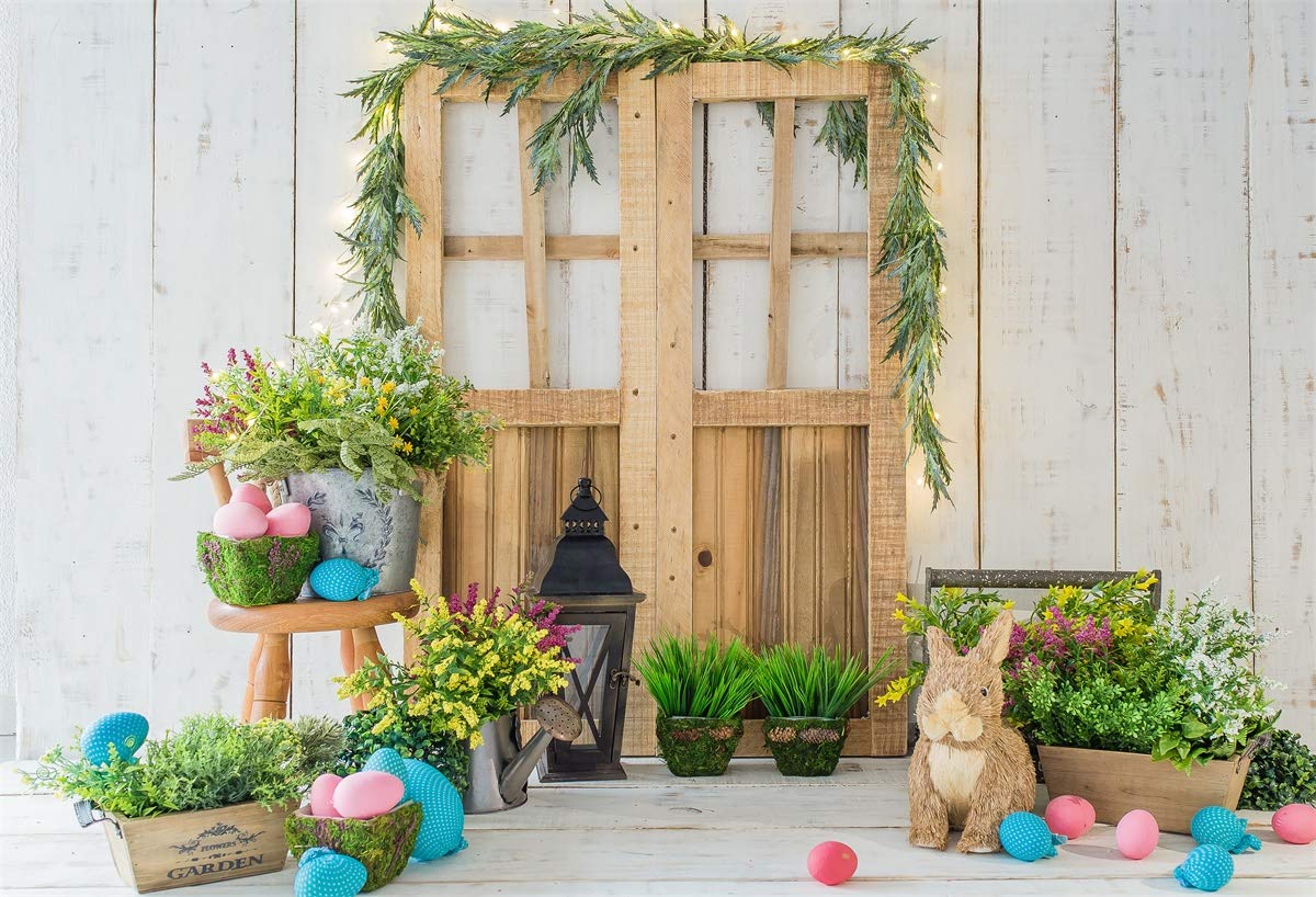 7x5ft Spring Easter Photography Backdrops Wood Barn Eggs Flowers Happy Easter Background for Photo