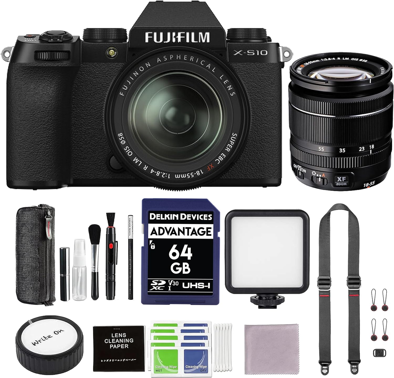 Fujifilm X-S10 Mirrorless Digital Camera with XF18-55mm Lens + 64GB SDXC Card + Peak Design Strap + LED Light + More | Fuji X-S10 with XF18-55mm Lens Kit