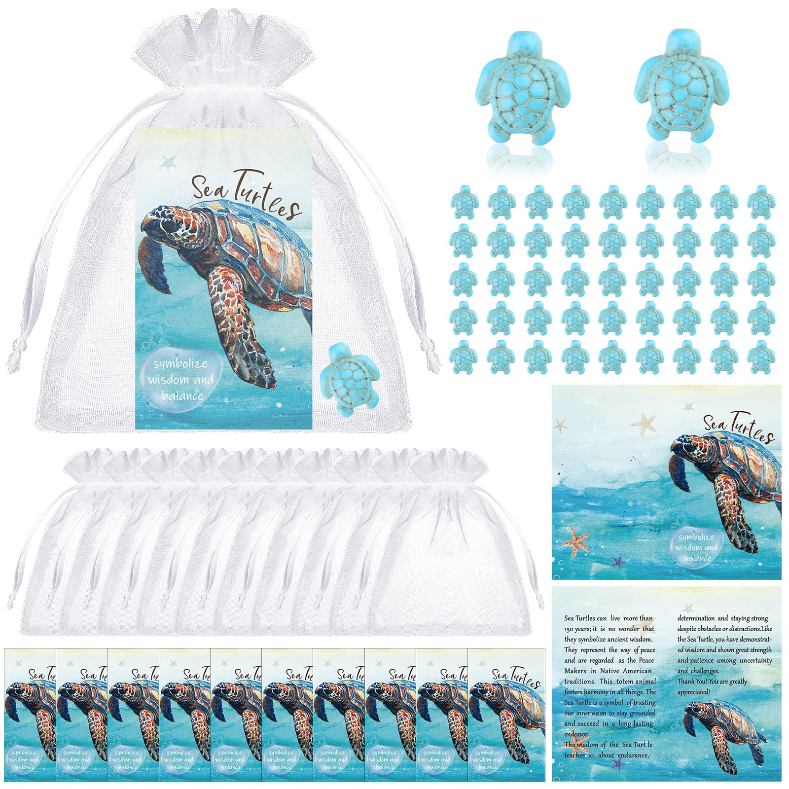 122 Pcs Sea Turtle Gifts Sets Including 36 Pcs Appreciation Cards Mini Sea Turtle Greeting Notecard, 36 Pcs Organza Bags, 50 Pcs Mini Sea Turtle for Employees Nurses Teachers Students Volunteers
