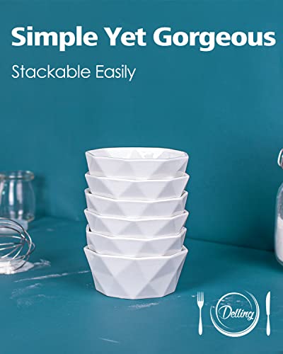 Delling Ramekins 4 oz Set, Creme Brulee Ramekins Oven Safe, Geometric Souffle Dishes Ramekins, Porcelain Ramekin for Baking Souffle Ramekins Bowls, Small Souffle Dishes Bowls Set of 6, White