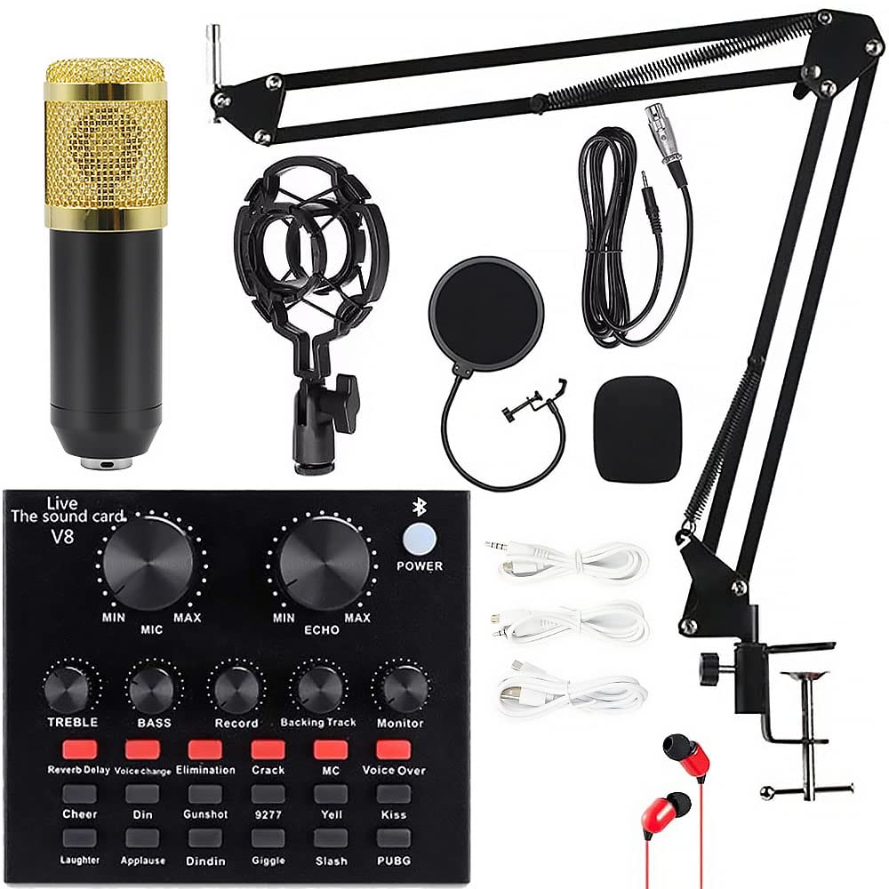 11Pcs Podcast Equipment Bundle Professional Recording Microphones & Accessories with Live Sound Card Podcast Kit for Streaming Podcasting Recording(BM-800)