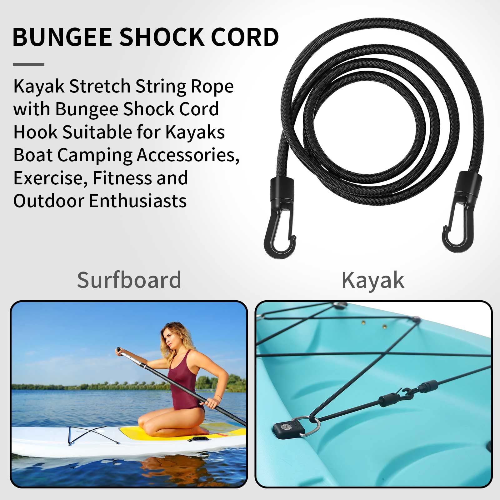 1/4" x 25' Elastic Bungee Shock Cord - Kayak Stretch String Rope with Bungee Shock Cord Hook Suitable for Boat Camping Accessories, Exercise, Fitness and Outdoor Enthusiasts (25 Feet Rope + 10 Hooks)