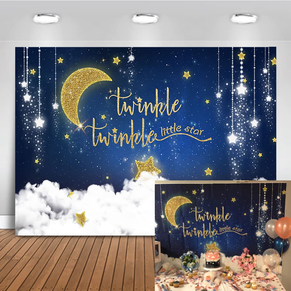 Avezano Twinkle Twinkle Little Star Backdrop, Navy Blue White Clouds Baby Shower Party Decorations 7x5ft Vinyl Gold Moon Glitter Stars Baby Shower Party Banner Photography Background