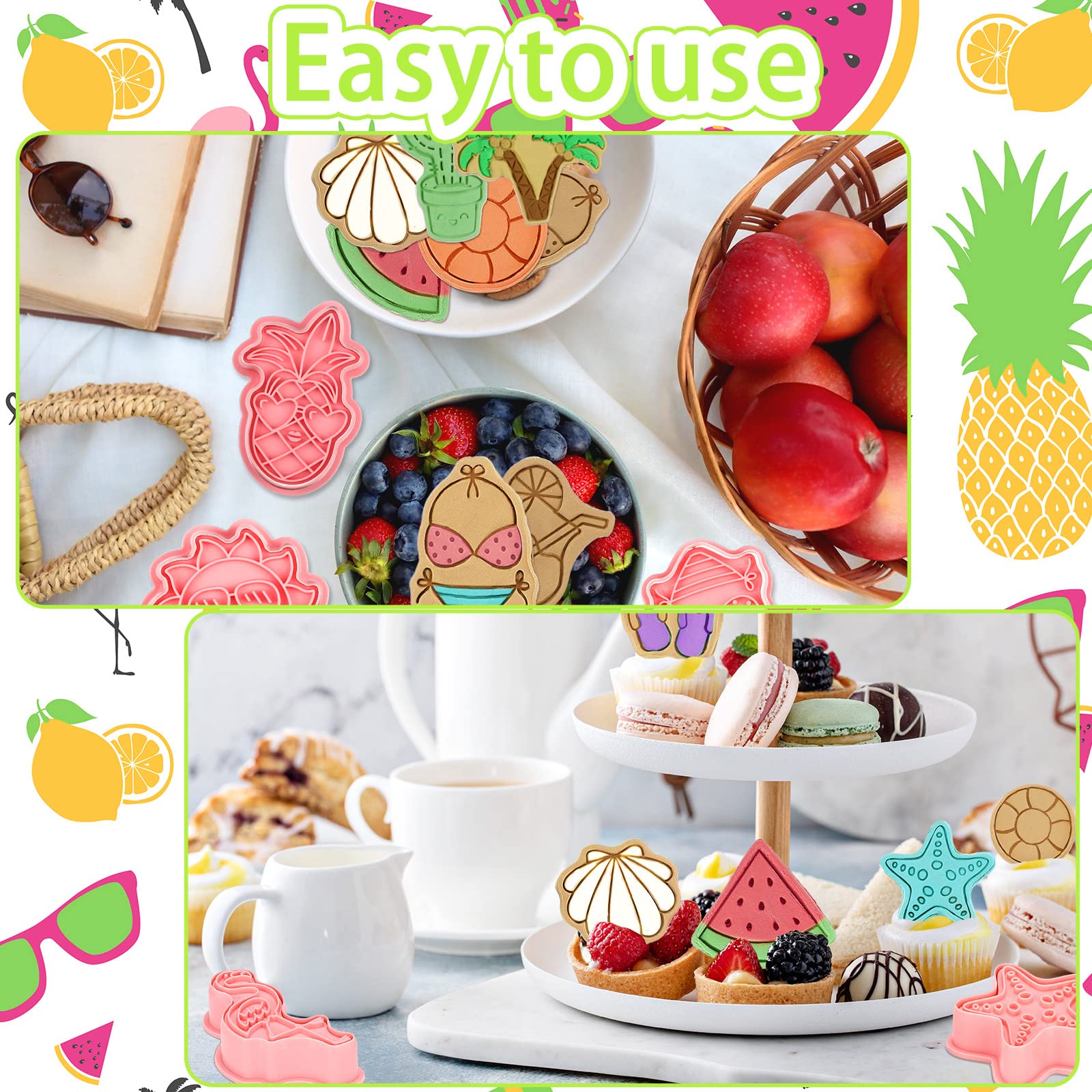 16 Pcs Summer Beach Cookie Cutters with Plunger Stamps Set Hawaiian Biscuit Mold 3D Fondant Cookie Stamper Pineapple Flamingo Cactus Sun Starfish Seashell Palm Tree for Baking Supplies
