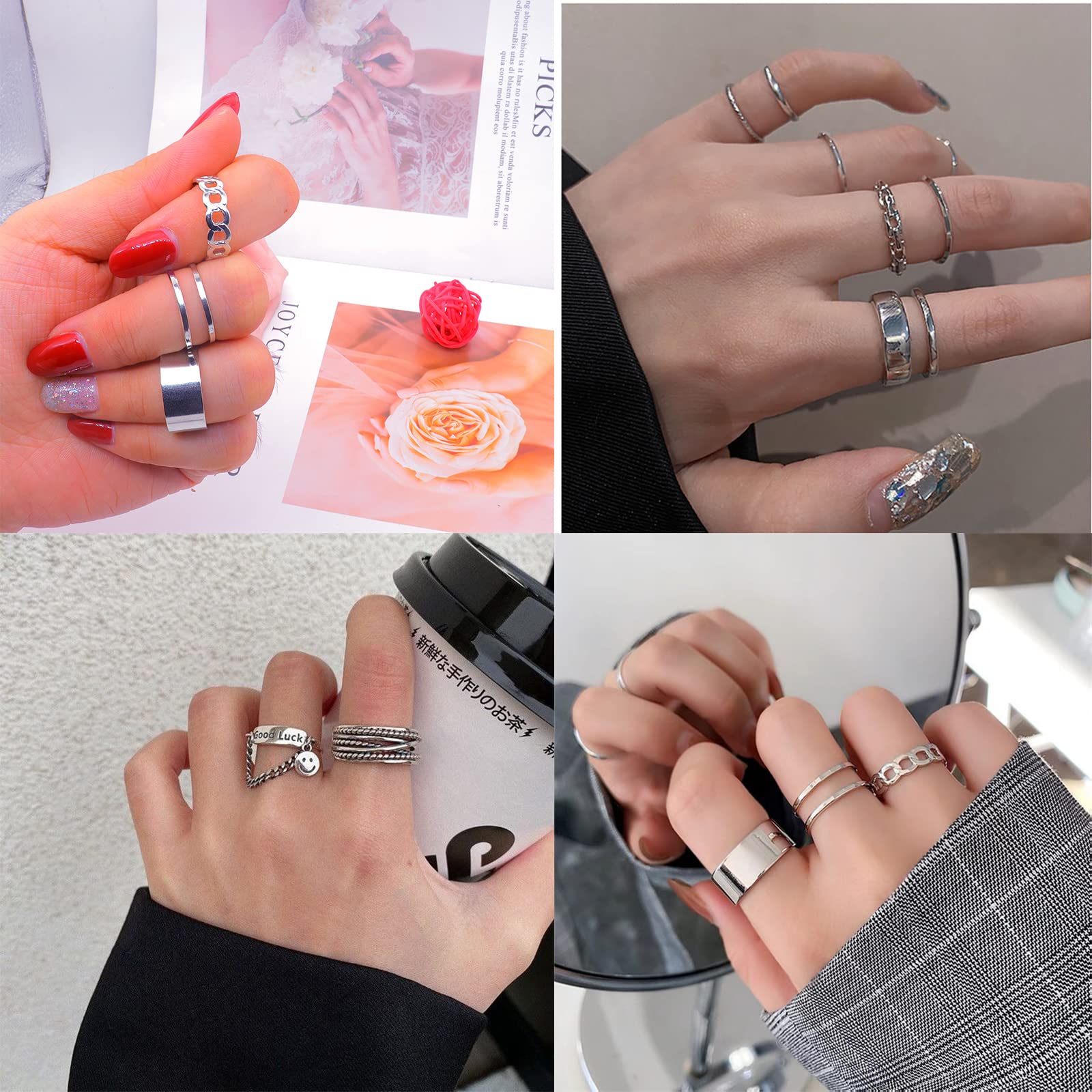 17Pcs Adjustable Punk Chain Rings Set, Vintage Knuckle Gothic Rings Set Alloy Biker Obsidian Chain Open Rings, Stackable Hollow Carved Finger Rings Midi Rings Joint Jewelry for Women (Silver)