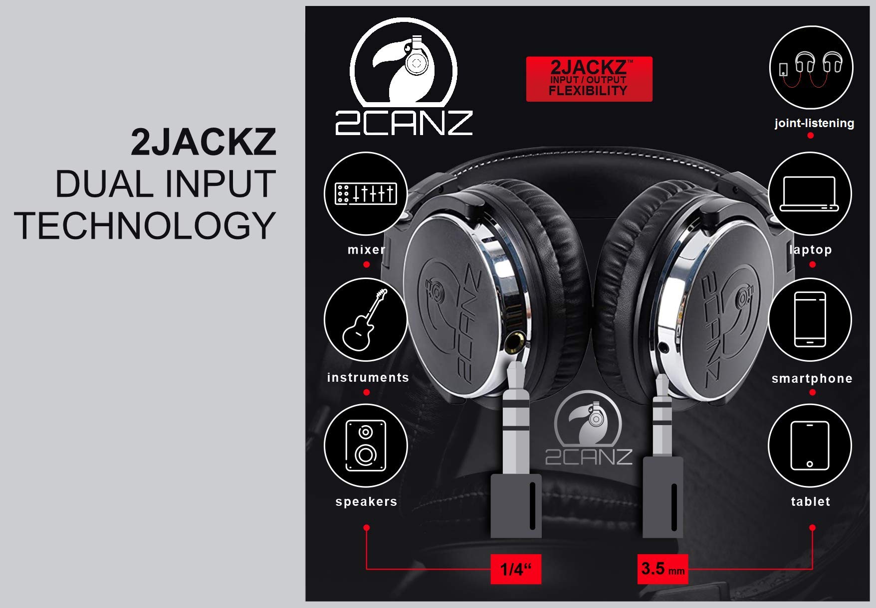 2CANZ Over-Ear Professional Wired DJ Headphones - 50mm Neodymium Drivers, Closed Back, Plush Comfrasoft Ear Cushions, 8-Way Adjustable Earpads, Foldable, and Joint Listening
