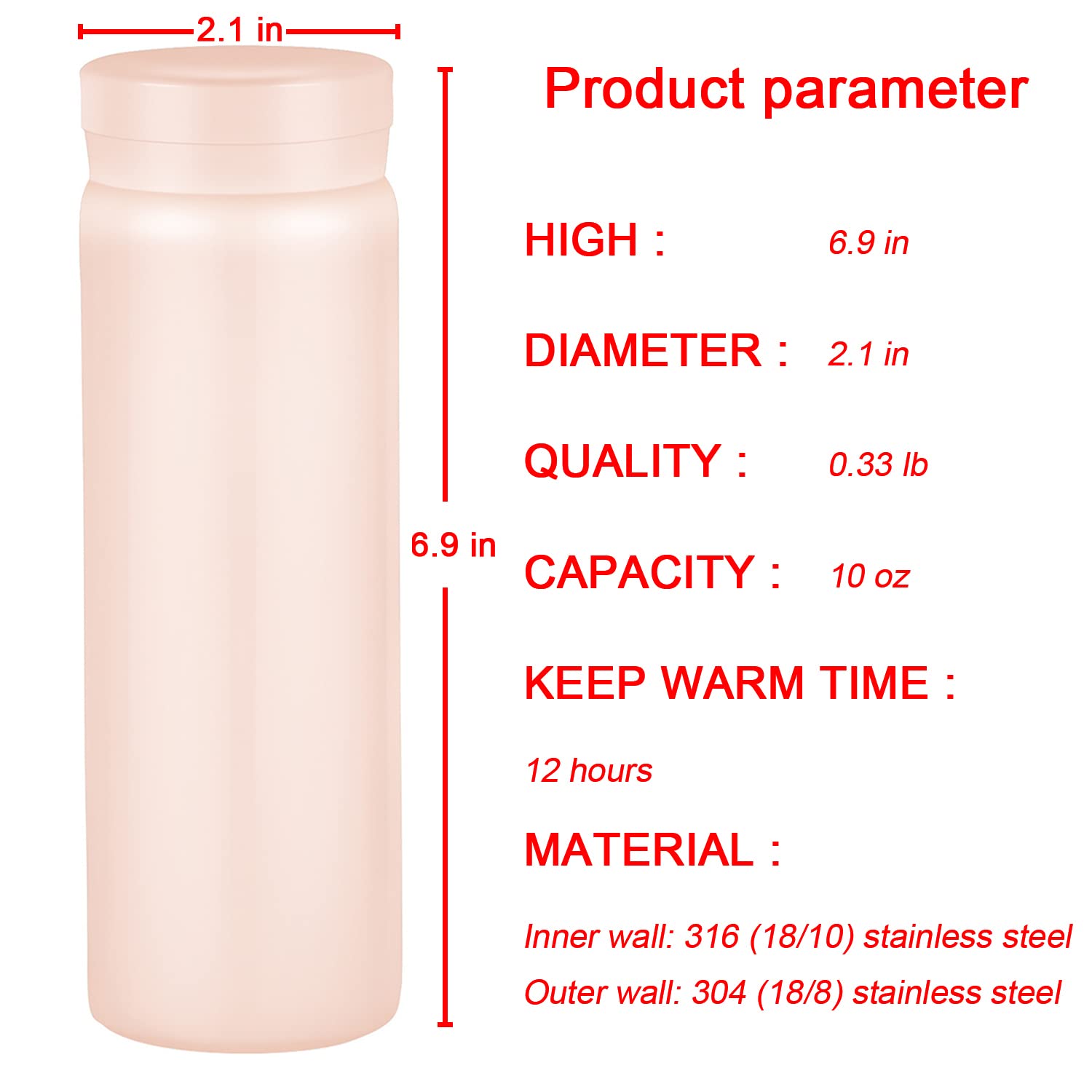 10oz Mini Water Bottle Stainless Steel Thermos Small Flask - Insulated Vacuum, Leak Proof, Keeps Drinks Hot/Cold - Ideal for Coffee, Tea, Water - Pink