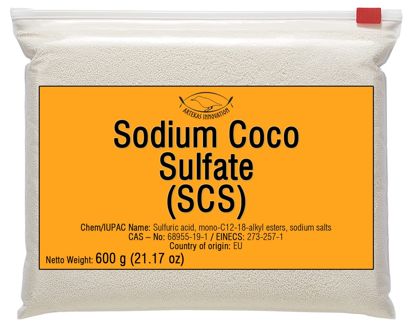 Artekas Innovation - SODIUM COCO SULFATE (SCS) - Fine Granules - Anionic, Foaming Surfactant - for Homemade Solid Shampoo Bars, Soap, Foamy, Bubbly Products, Hair, Body - 600 g | 21.17 Oz