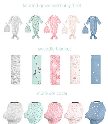 aden + anais Comfort Knit Knotted Newborn Baby Gown and Hat, Super Soft Cotton with Spandex, Infant Gown with Fold Over Mitten Cuffs, 2 Piece Set, 0-3 Months, Blue Moon