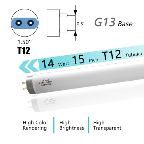 15inch F14T12 Soft White Fluorescent Light Bulb,14 Watt K&B Warm White 3000K Lamp, T12 Linear 1.5 '' Dia Tube, G13 Bi-pin Base (2 Pack)