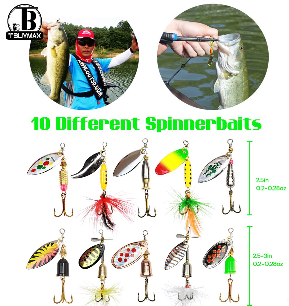 10pcs Fishing Lure Spinnerbait, Bass Trout Salmon Hard Metal Spinner Baits Kit with 2 Tackle Boxes by Tbuymax