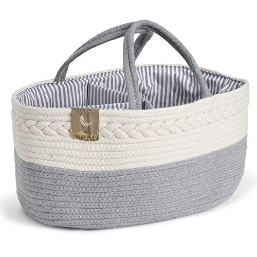 3 LITTLE GIGGLES Baby Diapers Organizer with Removable Storage Divider - Rope Cotton Design, Grey, 15 x 10” - Toy Caddy for Babies