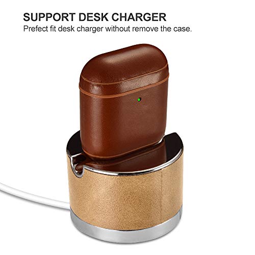 AirPods Case, ICARER Genuine Airpods Leather Case (The Front LED Visible) Wireless Charging Cover for Apple Airpod 2 & 1 (Brown)