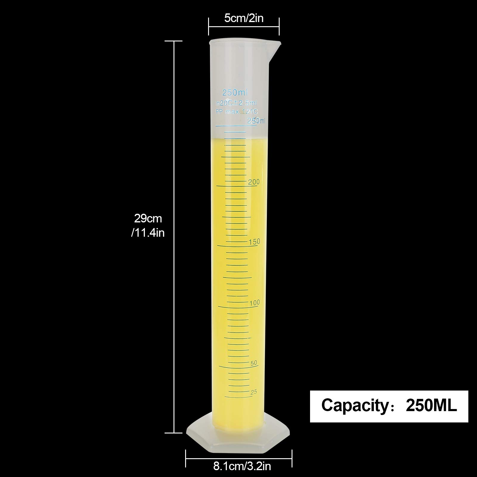 5pcs Measuring Cylinder 250ml Hexagonal Base Transparent Plastic Graduated Cylinder(Blue Scale) Premium Polypropylene 250ml Science Measuring for Lab Test Tube