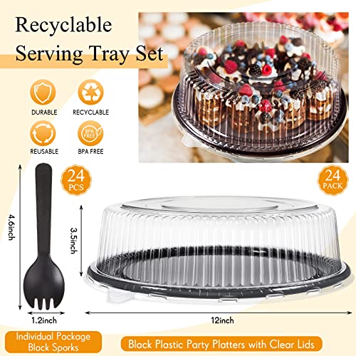 24 Pack 12 Inch Heavy Duty Serving Tray with Clear Lid and Sporks, Large Plastic Tray with Elegant Platter Round Black Disposable for Fruit Sandwich Party Takeout Food Catering Picnic