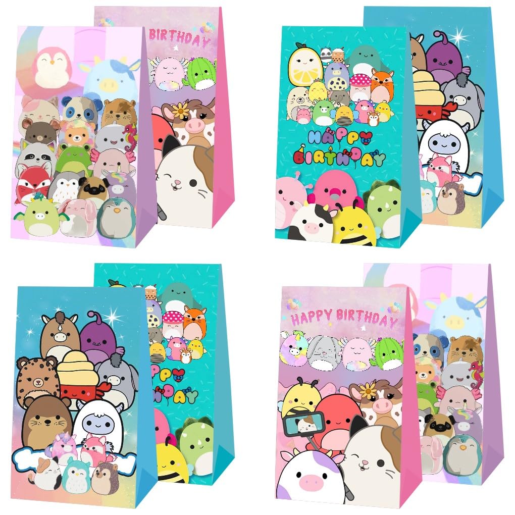 12Pcs Squishmallow Party Favor Goodie Bags Gift Bags, 4 Different Pattern, Squishmallow Birthday Party Supplies Decorations