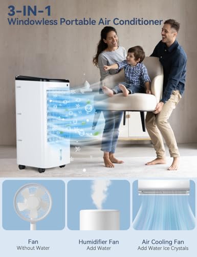 3-IN-1 TEMEIKE Swamp Cooler Air Conditioner, Evaporative Air Cooler w/ 4 Modes & 3 Speeds, 12H Timer & Remote & Dual Water Tank, 65ยฐ Oscillating Air Conditioner Portable for Bedroom
