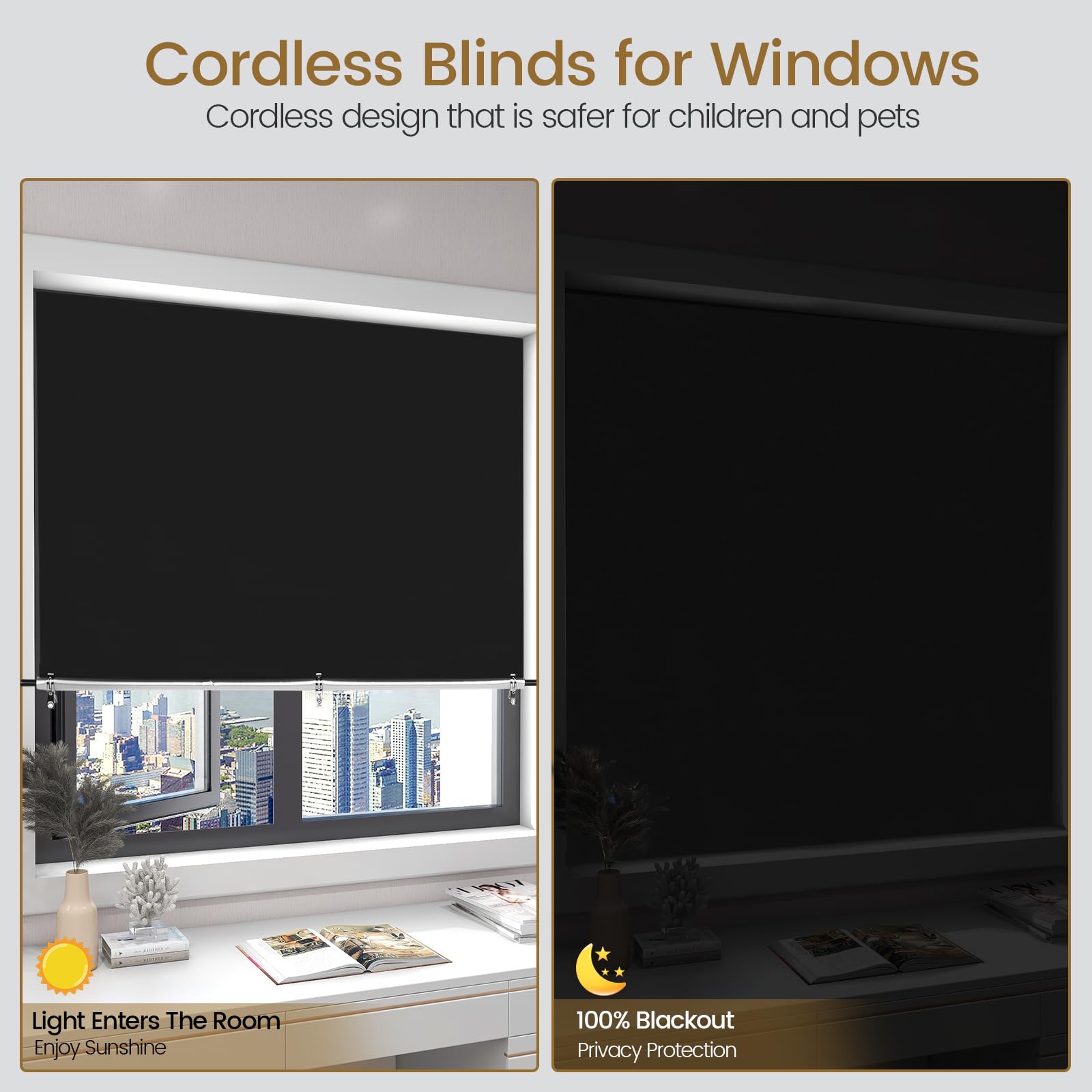 100% Blackout Shades, Blackout Roller Shades, 36"x 72" Cordless Window Blinds with Hook & Loop Tapes No Drill Travel Blackout Blinds Window Curtains for Bedroom Nursery Dorm Room Windows(Black)