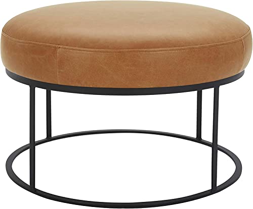 Amazon Brand β Rivet Revere Round Leather Iron-Framed Ottoman, 30.3"W, Cognac