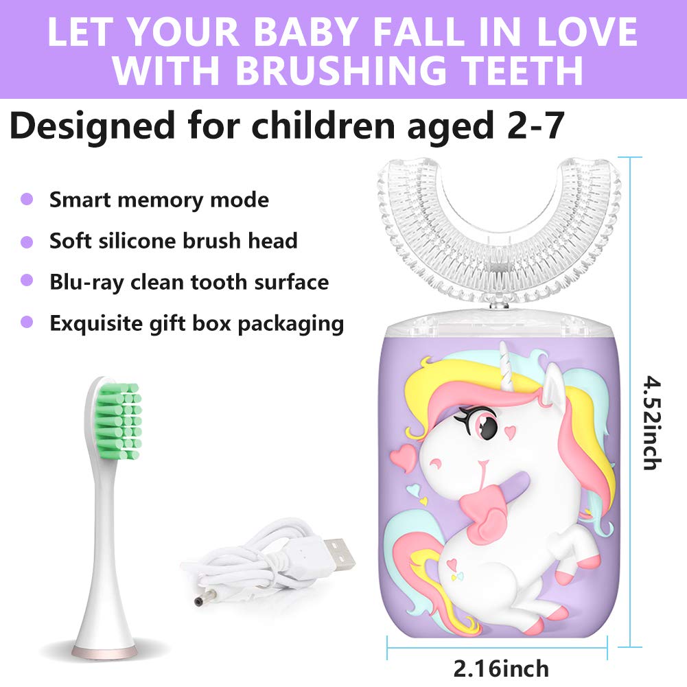 Kids Electric Toothbrush, Unicorn Sonic U Shaped Rechargeable Automatic Toothbrushes IPX7 Waterproof 6 Modes Smart Timer 360° Oral Cleaning with Replacement Brush Heads for Child Age 2-6 (1. Purple)