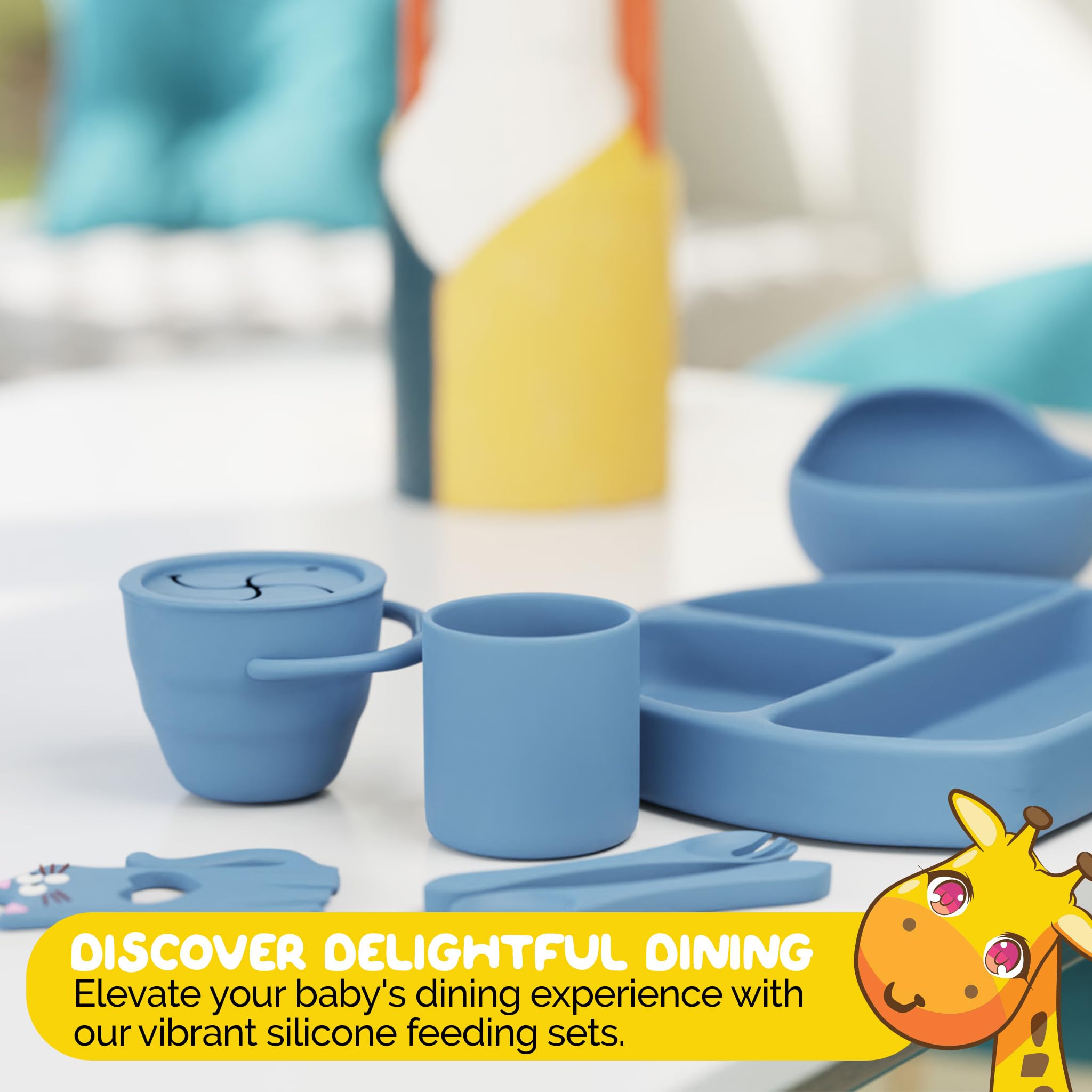 Muqee Peeko Carolina Blue Silicone Baby and Toddler Self-Eating Food Plates Set with Utensils (8 Piece Set)