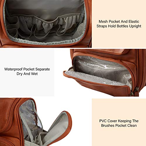 BAGSMART Hanging Toiletry Bag, Water-resistant Leather Dopp Kit, Large Travel Organizer for Full Sized Container, Brown
