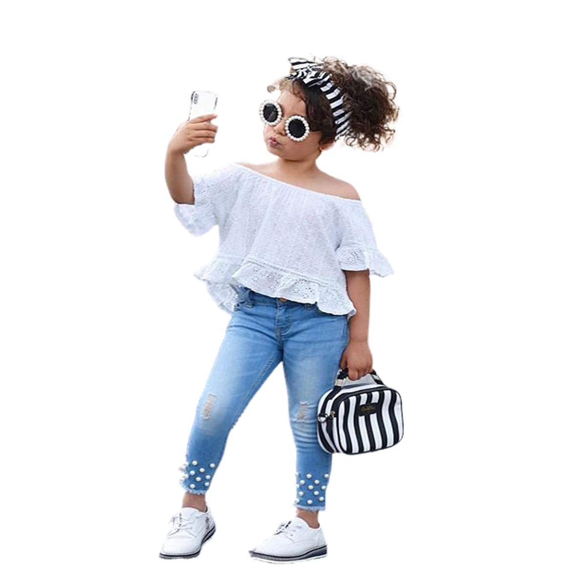 Kids Toddler Baby Girl Pants Set Off Shoulder Short Puff Sleeve Lace T-Shirt Sweatshirt Tops with Pearl Ripped Jeans Clothes Outfit (White, 5-6 Years)