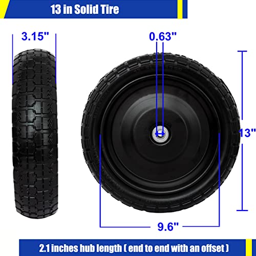 13β Flat-Free Tires for Cart,Solid Polyurethane Wheels for Hand Truck Garden Cart Trolleys,with 5/8β Axle 2.16β Offset Hub 3.15β Tire Width 600 lbs Capacity, 4 pack