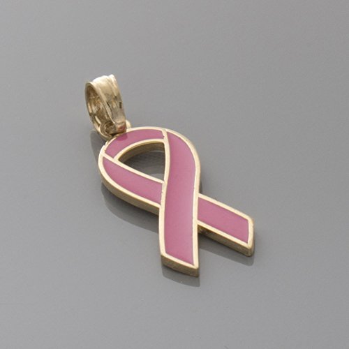 14k Yellow Gold Hope Charm Pendant, Pink Ribbon - Breast Cancer