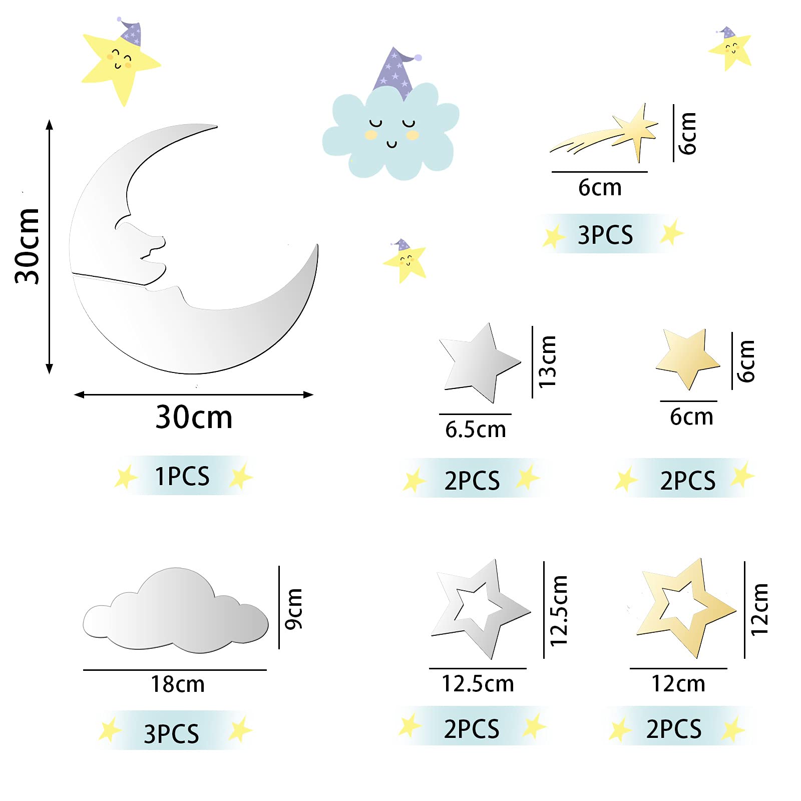 82 Pieces Moon and Stars Mirror Decals Removable 3D Acrylic Mirror Stickers Moon and Stars Wall Stickers Home Decor for Living Room Kids' Room Nursery Decoration