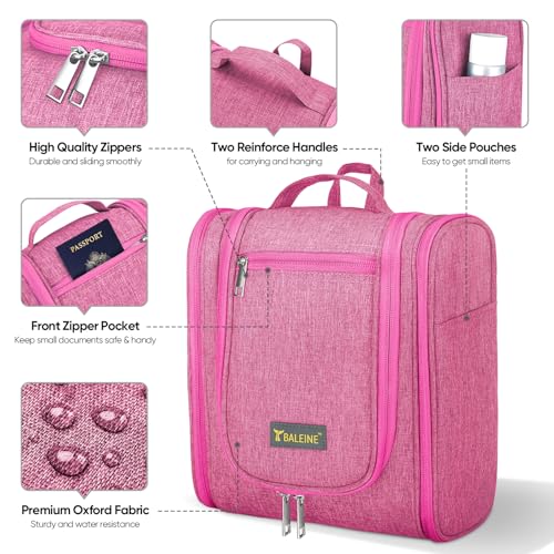 BALEINE Toiletry Bag for Women and Men, Water-Resistance Cosmetic Bags Makeup Organizer for Toiletries with Hanging Hook (Large, Pink)