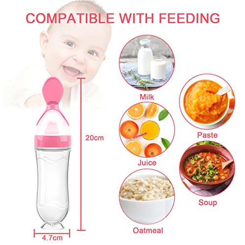 Food Feeder Baby Fruit Feeder Pacifier (3 Pcs) with 6 Different Sized Silicone Pacifiers 2 PCS Silicone Baby Food Dispensing Spoon 90ML with 2 Baby Spoons Pacifier Clip Infant Fruit Teething Toy-Pink