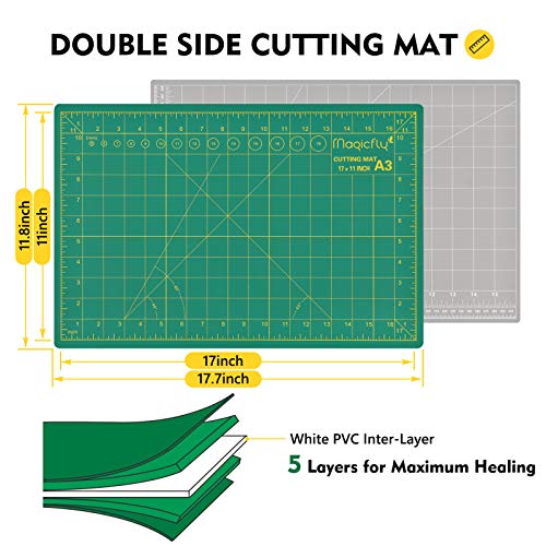 Magicfly Rotary Cutter Set, 45mm and 28mm Fabric Cutters Kit with Extra 10 Blades, A3 Double-Sided Self Healing Cutting Mat, 12x6 Inch Quilting Ruler for Sewing, Fabric Cutting, Art Crafting