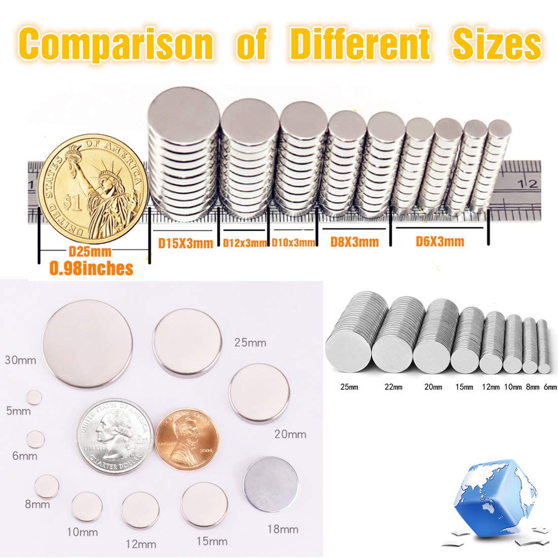 100PCS Small Round Magnets,Rare Earth Neodymium Magnets,Permanent,Fridge,DIY,Scientific,Craft and Office Magnets 5-Size(6x3,8x3,10x3,12x3,15x3)