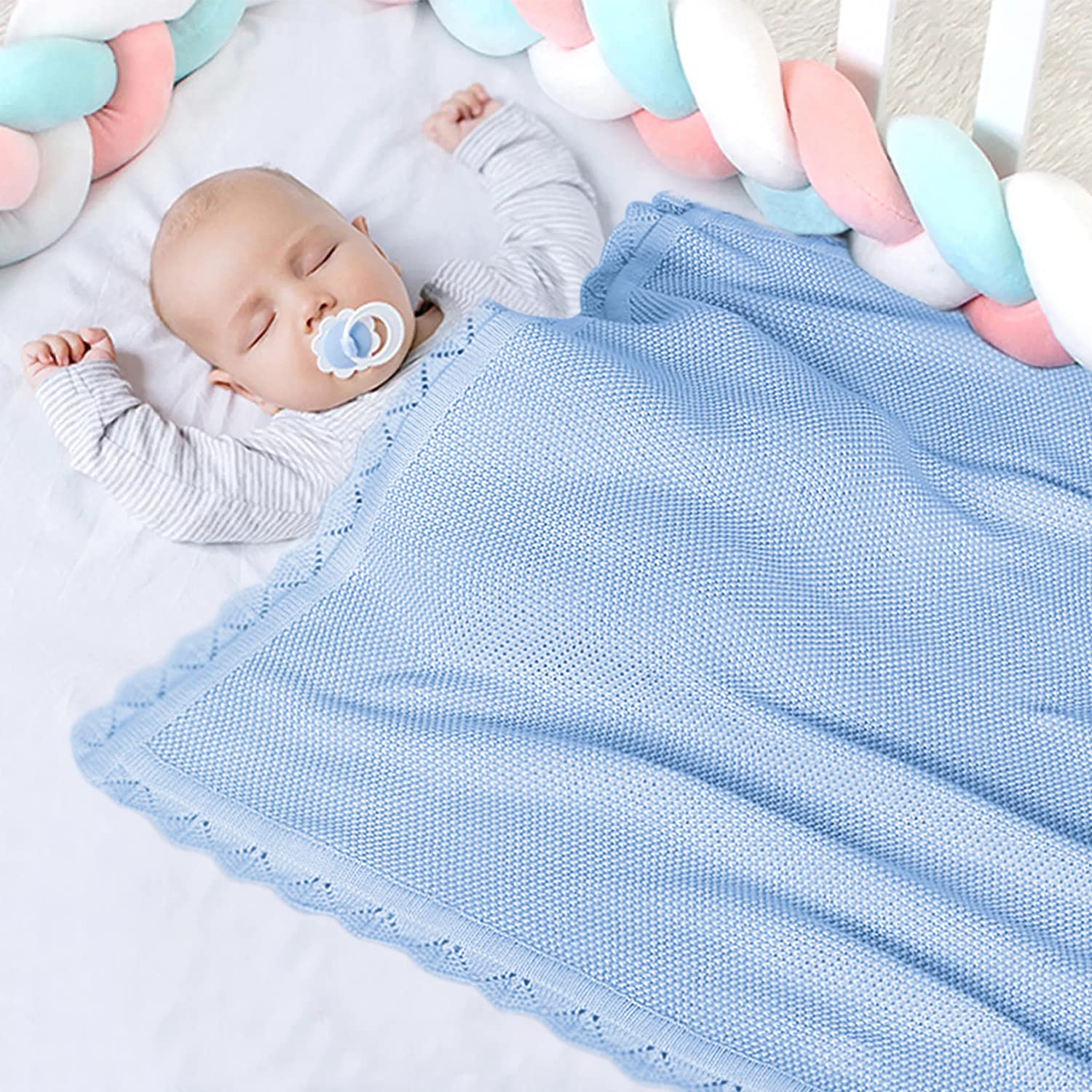 100% Cotton Baby Blanket Knit Lace Soft Warm Toddler Blanket, 30 x 40 Inches,Blue